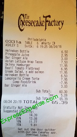Receipt Comped Item Picture Of The Cheesecake Factory