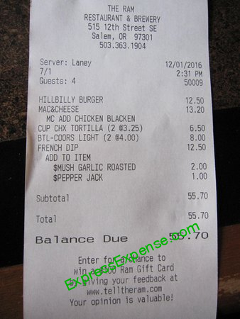 The Receipt Picture Of Ram Restaurant Brewery Salem Tripadvisor