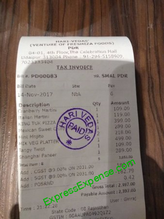 Bill Picture Of Hari Vedas Udaipur Tripadvisor