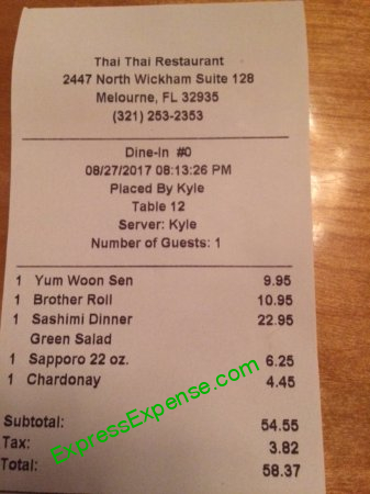 Receipt Picture Of Thai Thai Restaurant Melbourne Tripadvisor